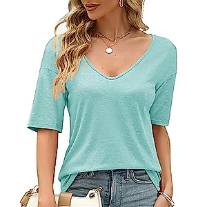 Sherosa Womens Summer Tops Short Sleeve V Neck Tee Shirts Trendy Cute Shirts Light Green L