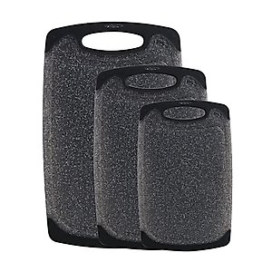 Plastic Cutting Boards for Kitchen, Haomacro Cutting Boards Chopping Board with Juice Grooves, Easy Grip Handle, Non-Slip BPA Free 3 Pieces Cutter Board for Meat,Vegetable,Bread, Dishwasher Safe Black