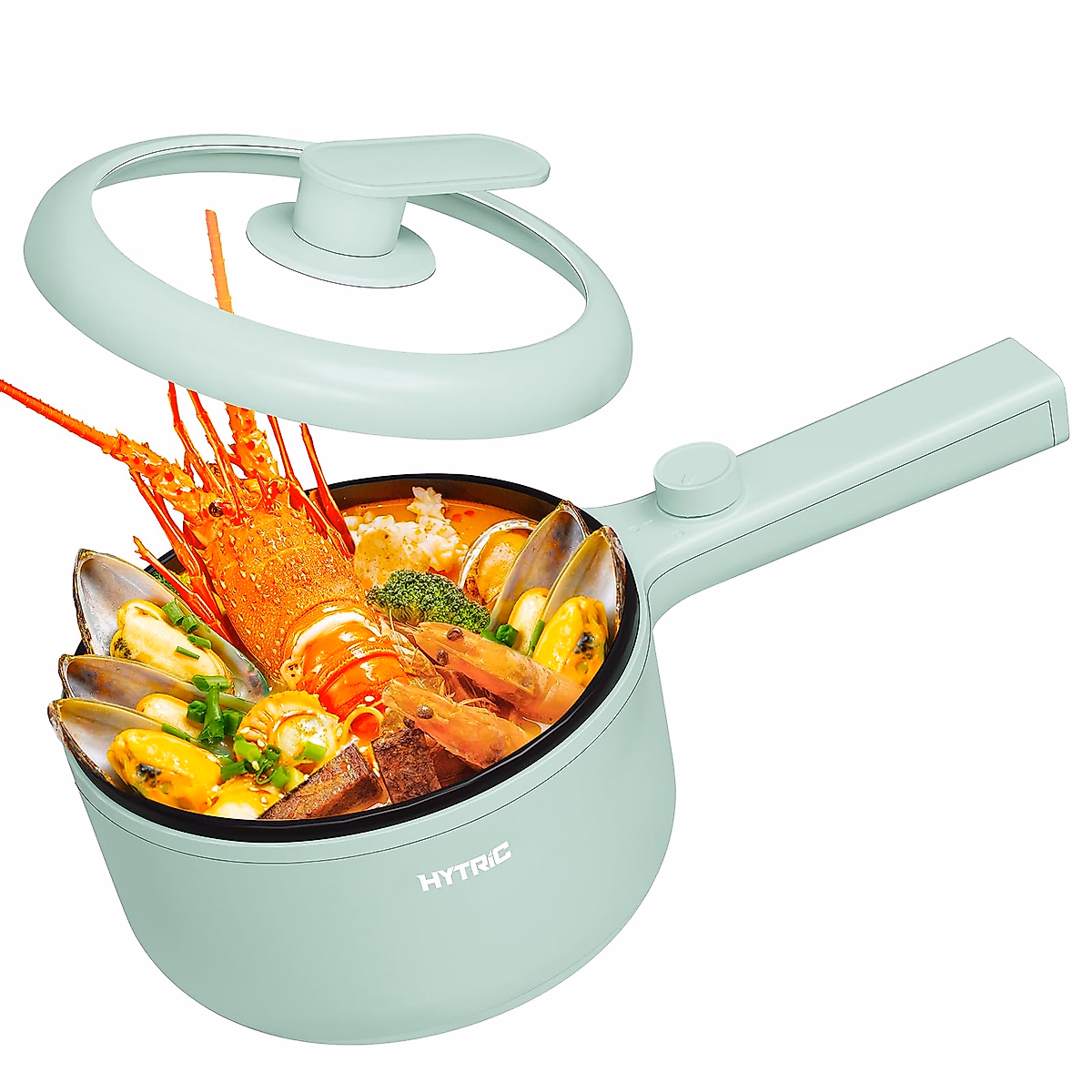 HYTRIC Hot Pot Electric, 1.5L Portable Non-stick Frying Pan, Electric Cooker for Steak, Egg, Pasta, Ramen Cooker with Dual Power Control, Mini Electric Pot for Office, Dorm Room Essential, Green