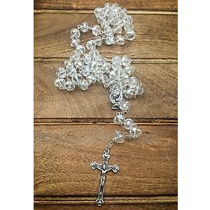 Nazareth Store White Clear Crystal Beads Rosary Prayer Beaded Necklace with Holy Soil Medal and Jesus Cross Communion Rosary
