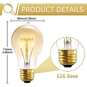 Figame A19 Edison Bulb 40W 6-Pack - Dimmable 120V Amber Glass, Antique Retro Style Old-Fashioned Incandescent Bulb, 2200K Warm Yellow Light, for Home Office Desk Lamp