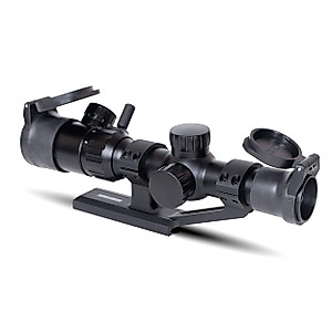 Monstrum 1-4x20 Rifle Scope with Rangefinder Reticle | ZR255 H-Series Offset Scope Mount | Monstrum Flip Up Lens Cover Set | Bundle