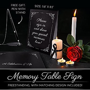 Funeral Guest Book with Custom Black and Real Silver Design, Guest Book for Funeral with 150 Memory Cards and Metal Signature Pen, Funeral Guest Book for Memorial Service with a Memory Table Sign