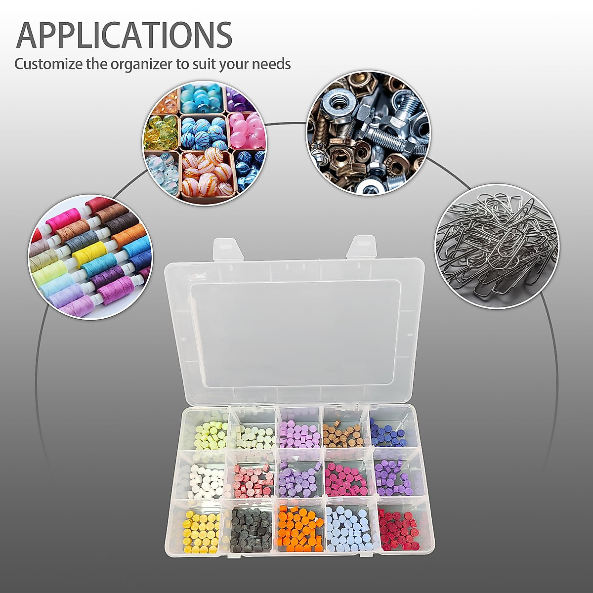 Rinrda Large 15 Grids Clear Organizer Box with Adjustable Dividers - Plastic Compartment Storage Container for Washi Tapes,Fishing Tackle, Craft, Beads, Jewelry, Small Items (3)