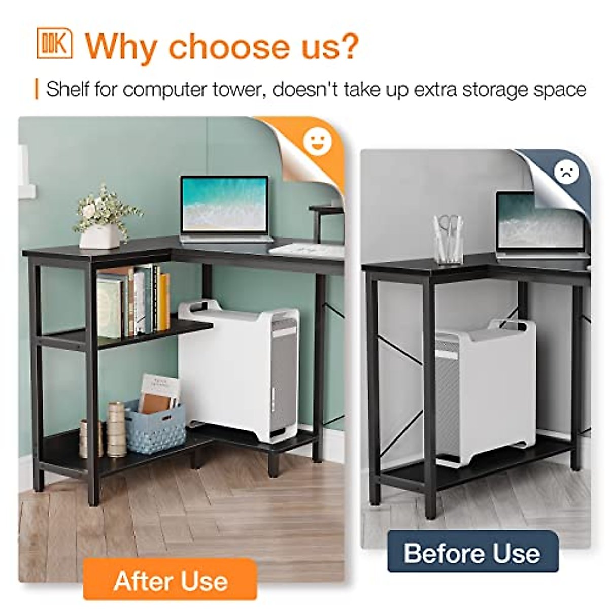 ODK Small L Shaped Computer Desk with Reversible Storage Shelves, 40 Inch L-Shaped Corner Desk with Monitor Stand for Small Space, Modern Simple Writing Study Table for Home Office Workstation, Black