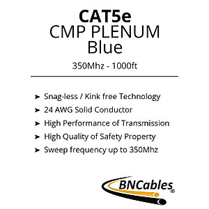 CAT5e (CMP) Plenum Cable, 1000FT | 24AWG 4Pair, 350MHz Solid Network Cable Unshielded Twisted Pair (UTP), Available in Blue, White, Gray & Black Color