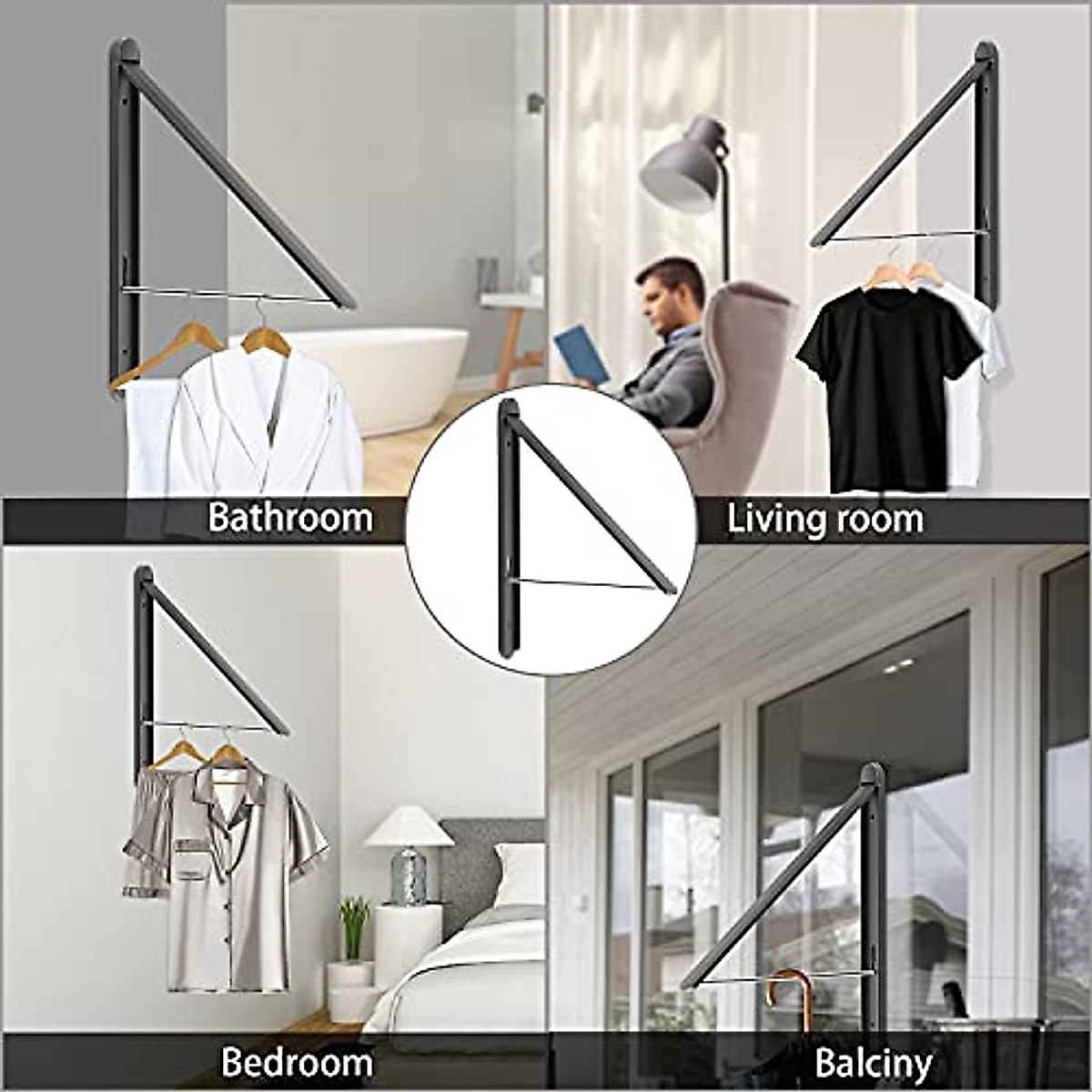 SunEegral Quality Clothes Drying Rack Wall Mounted,Laundry Room Folding Organization Storage,Foldable Hanging Drying Rod Ultrathin Small Collapsible for Space Saving,65Ibs Capacity,Aluminum(Black)