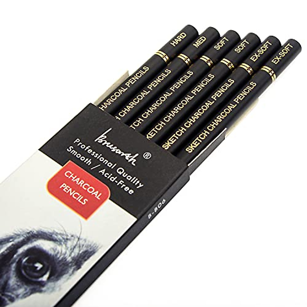 Brusarth Professional Charcoal Pencils Drawing Set 6 Pieces (Ex-Soft, Soft, Medium, & Hard) Charcoal Pencils for Drawing, Sketching, Shading, Artist Pencils for Beginners & Artists