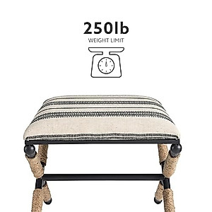 Linon Farrow Black Metal and Natural and Black Stripe Upholstered Campaign Ottoman