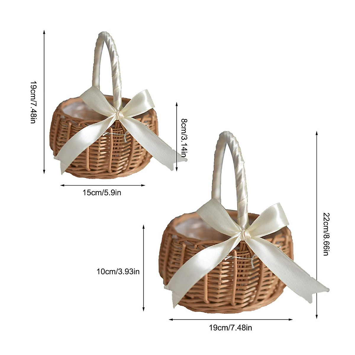 ASSR 2PCS Wedding Flower Girl Basket Set,Wicker Rattan Flower Basket with Handle,Petal Basket Candy Storage Basket ,Rattan Box Home Decoration,White,5.9x7.5 in(210209HT07-12#WSW98)