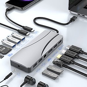 USB C Hub, Rocketek 14-in-1 USB C Docking Station Triple Display with Ethernet 4K USB C to HDMI Adapter DP USB hub adapter SD/TF Card Reader Audio USB-C PD 3.0 Type C Hub for Mac Pro and Type C Laptop