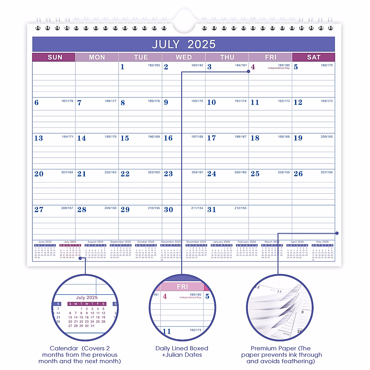 2025-2026 Wall Calendar - 2025-2026 Calendar, Jul.2025 - Dec. 2026, 11" x 8.5", 18 Monthly Calendar 2025-2026, Hanging Hook + Ruled Blocks - Purple
