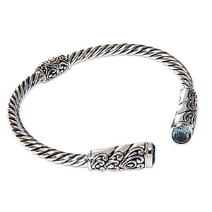 NOVICA Artisan Handmade Blue Topaz Cuff Bracelet on Sterling Silver Hinged from Bali Indonesia Serenity Birthstone [6.25 in L (end to End) x 0.4 in W] ' Beacon of Light'