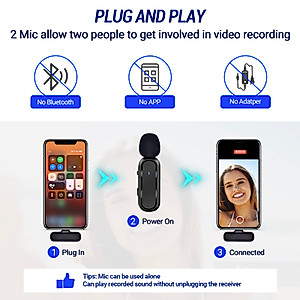 2 Pack Wireless Lavalier Microphone for iPhone iPad, Professional Clip On Lapel Mic with 780MA Charging Case - 10H Plug-Play Noise Reduction 70FT for Video Recording Vlogging, YouTube, Interview