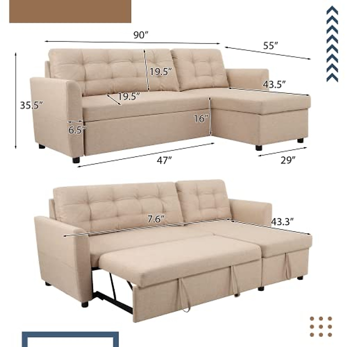 YOLENY 83inch Convertible Sectional Sofa with 3-Seat Sofa,L-Shaped Couch with Storage Ottoman, for Apartment and Small Space, Beige