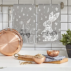 AnyDesign Easter Spring Kitchen Towel Gray Farmhouse Easter Bunny Rabbit Floral Dish Towel 18 x 28 Inch Rustic Hand Drying Tea Towel for Cooking Baking Cleaning Wipes, Set of 2