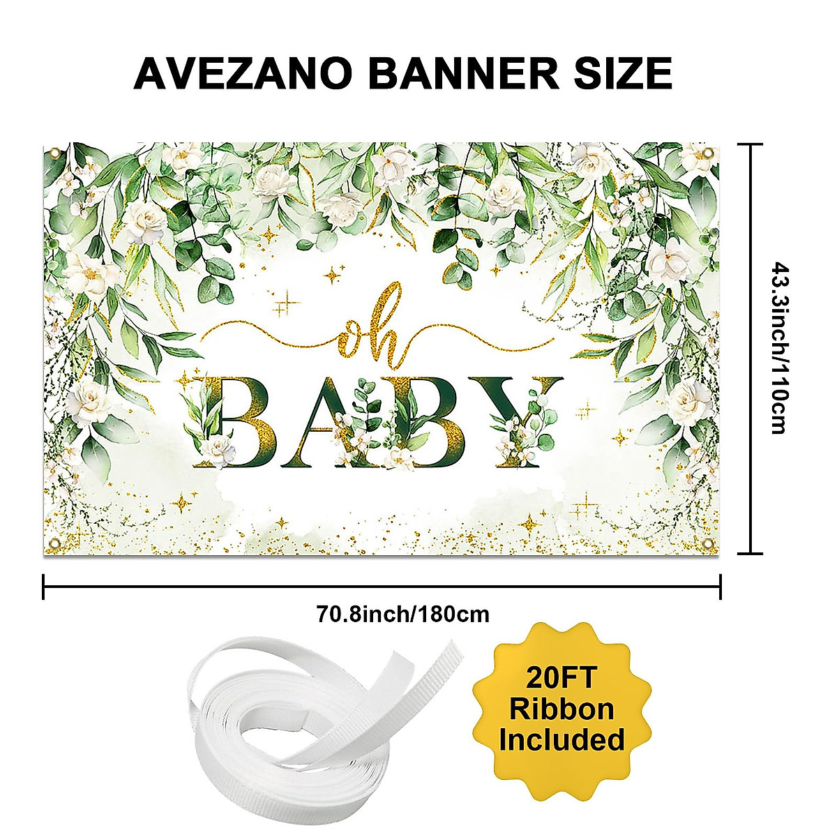 Avezano Greenery Boy Baby Shower Decorations Banner Floral Green Sage Oh Baby Backdrop Gold Glitter Greenery Leaves Gender Neutral Baby Shower Decorations 70.8 x 43.3 Inch