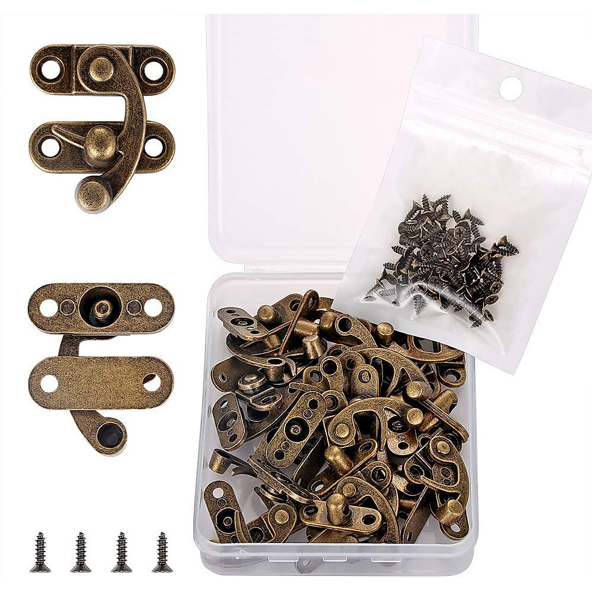 PGMJ 20 Pieces Jewelry Box Hardware Thickened Solid Bronze Tone Antique Right Latch Hook Hasp Horn Lock Wood Jewelry Box Latch Hook Clasp and 80 Replacement Screws (Right Latch Buckle)