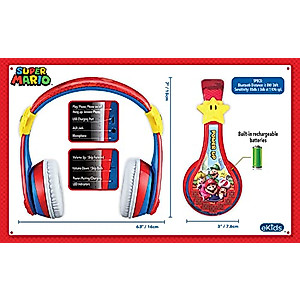 eKids Super Mario Wireless Bluetooth Portable Kids Headphones with Microphone, Volume Reduced to Protect Hearing Rechargeable Battery, Adjustable Kids Headband for School Home or Travel