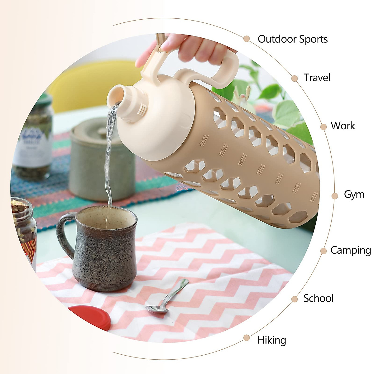 MUKOKO 64 Oz Glass Water Bottles, Half Gallon Water Bottle With Straw And Silicone Sleeve Wide Mouth Leakproof Reusable Water Jug With Time Marker And Handle For Gym, Outdoor, BPA Free,Amber