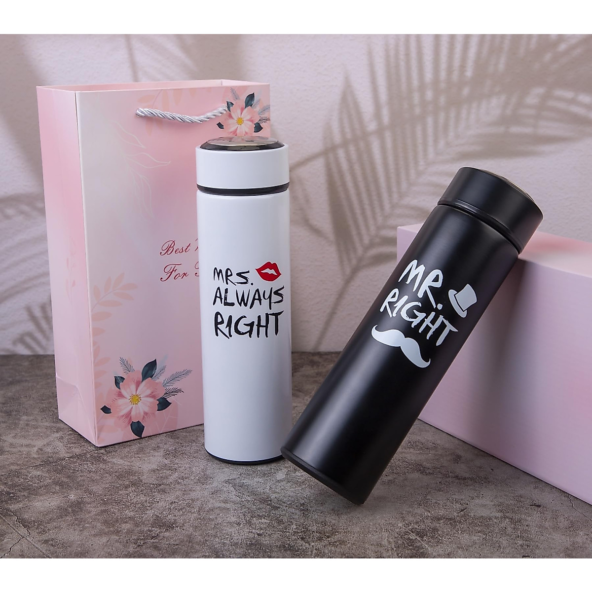 Mr and Mrs Travel Vacuum Tumbler Set - Unique Wedding Gifts For Bride and Groom - His and Hers Anniversary Present - Valentine's day Engagement Gift Idea 15 oz insulated Bottle For Husband Wife