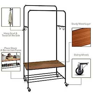 Garment Rack Clothes Racks for Hanging Clothes, Portable Rolling Clothes Hanger Rack, Freestanding Clothes Rack, Multi-functional Double Rod Clothing Racks on Wheels for Bedroom, Dressing Room
