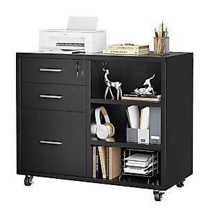 Kemon 3 Drawer Wood File Cabinet Mobile Lateral Filing Cabinet with Lock Printer Stand with Open Adjustable Storage Shelves for Home Office Organization Hanging Letter/Legal/F4/A4(Black)