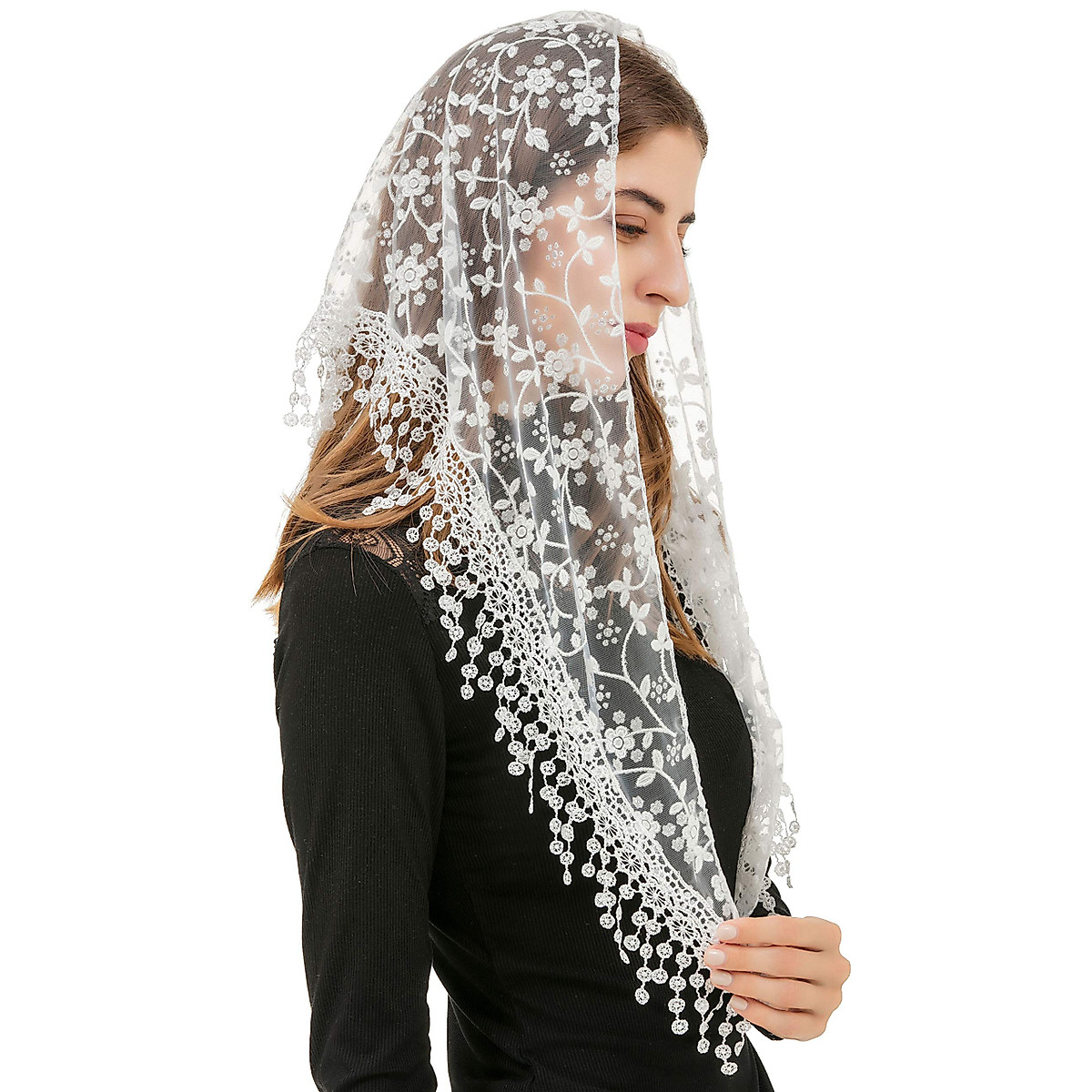 PAMOR Triangle Lace Veil Mantilla Cathedral Head Covering Chapel Veil for Mass Wedding Bridesmaids (White)