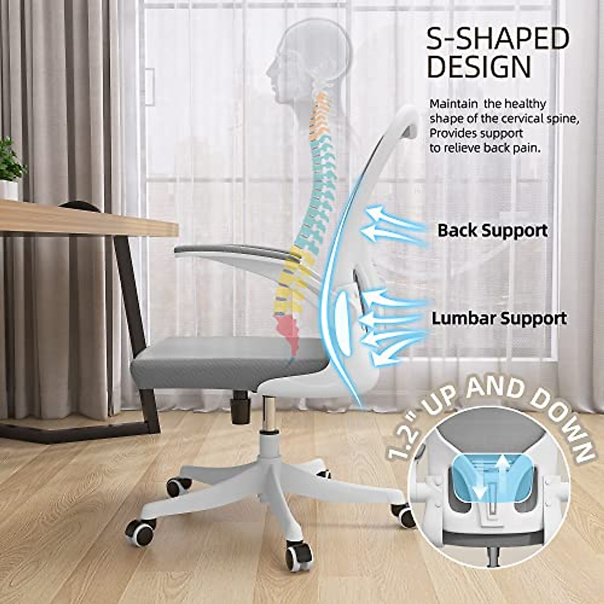 Monhey Office Chair - Ergonomic Office Chair with Lumbar Support & Flip Up Arms Home Office Desk Chairs Rockable Swivel High Back Computer Chair White Frame Grey Mesh Study Chair