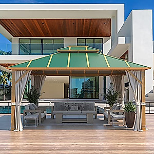 MELLCOM 12' x 14' Hardtop Gazebo, Wooden Grain Coated Aluminum Frame Outdoor Gazebo with Double Roof, Claret Metal Curtains and Nettings for Patios, Gardens, Lawns Green