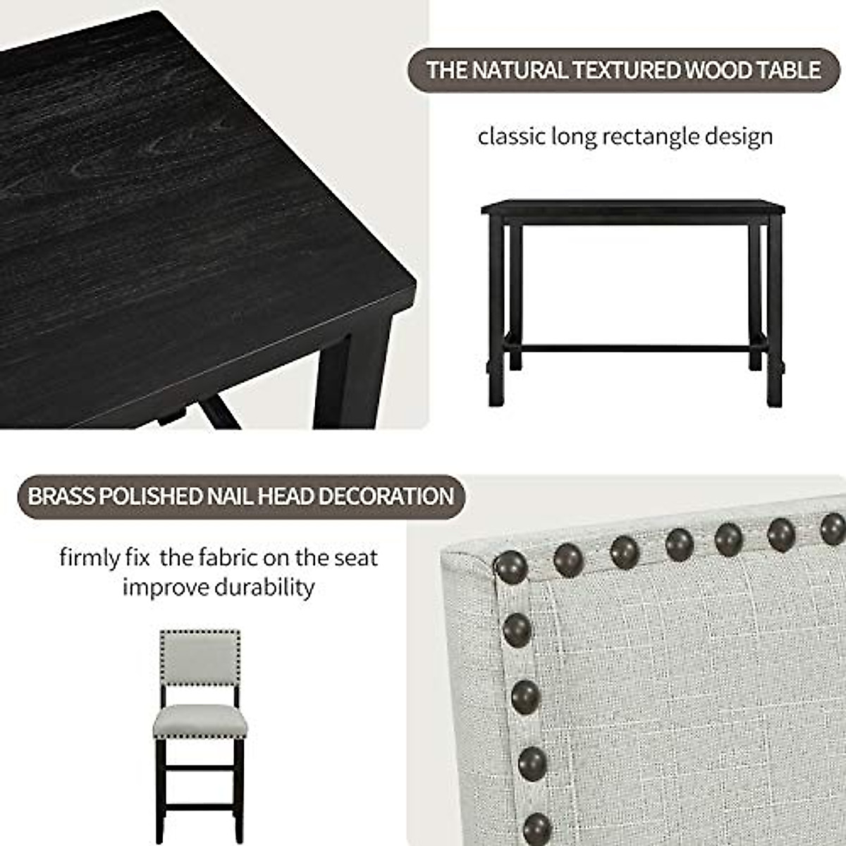 Dinehome 5 Piece Wooden Counter Height Dining Table Set with 4 Padded Chairs with Nailhead Trim for Kitchen, Breakfast Nook, Bar, Espresso + Beige