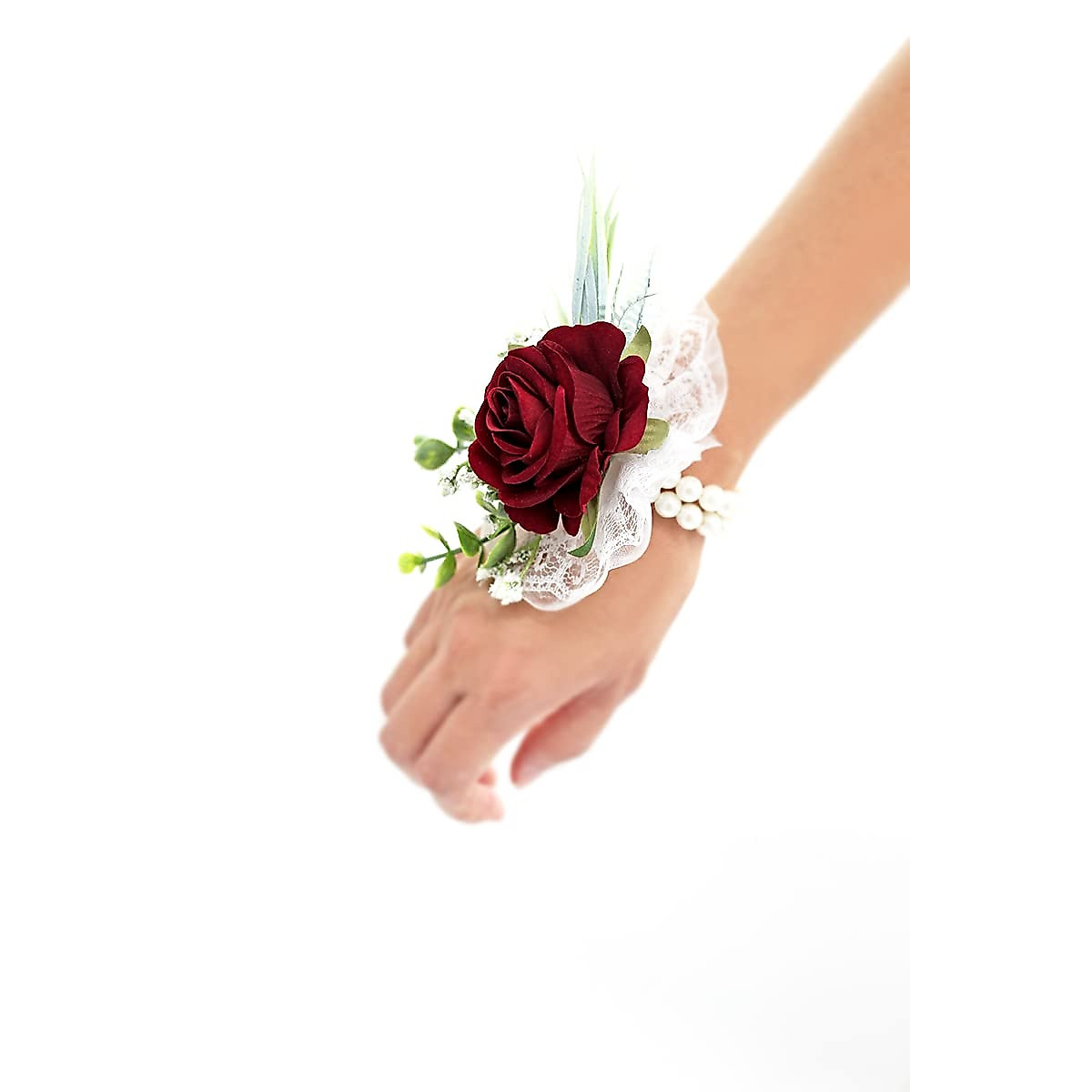 Ansofi Set of 6 Burgundy Wedding Wrist Flower Wine Red Floral Wrist Corsage Bridal Rose Leaf Hand Flowers for Bride and Bridesmaid Festival Prom Engagement