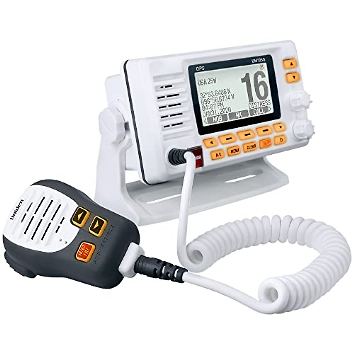 Uniden UM725G Marine VHF Radio, All USA, Canada, and Intl. Marine Channels, 1Watt/25Watt Transmit Power, Largest LCD Screen in Class, NOAA Weather Channels w/Alerts, Speaker Mic, GPS Built-in.