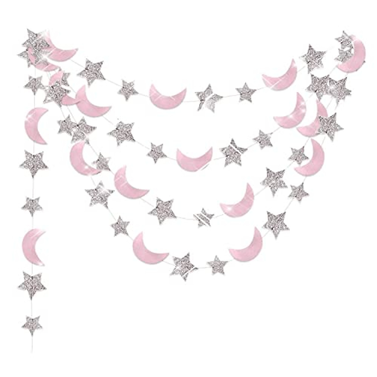 Moon and Star Garland Twinkle Twinkle Little Star of 2pcs Pink Silver Princess Birthday Party Decorations Pink Silver Moon Star Baby Shower Decorations 1st Birthday Garland Love You to the Moon