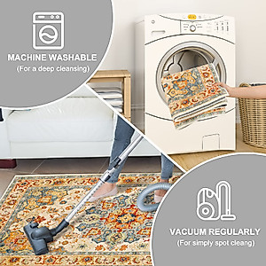 COMSLE Boho Area Rug, 4' x 6' Machine Washable Rugs for Entryway Faux Wool Large Rugs Distressed Throw Rug Non-Slip Floor Carpet for Indoor Bedroom Kitchen Living Room