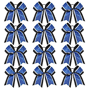 12 PCS 8" Large Glitter Cheer Bows Blue Black Girl Hair Bows Sparkly Cheerleading Softball Team Bow Hair Accessories for cheerleaders football Competition Sports