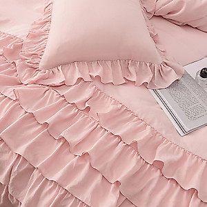 Rvciby Ruffle Duvet Cover Queen Size,Soft and Breathable Washed Microfiber Princess Bedding Set,3 Pieces,1 Duvet Cover with Zipper Closure & Corner Ties and 2 Pillow Shams,90 X 90 Inches (Queen,Pink)