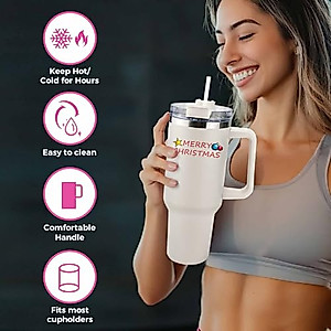 LB LEOBON 40 ounce insulated cup with handle, double-layer vacuum stainless steel material, equipped with straw, can keep warm or maintain cold drinks Merry Christmas Stars Balls Deep purple