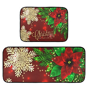 ALAZA Christmas Kitchen Rug and Mat, Kitchen Rug Mat 2 Set for Floor Christmas Poinsettia and Snowflakes (1)