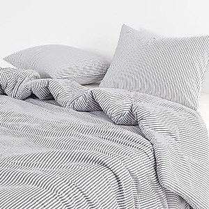 Wake In Cloud - Striped Comforter Set, 100% Cotton Fabric, Ticking Stripe Vertical Pinstripe Neutral Farmhouse Aesthetic, 3 Pieces Bedding Set, Gray, Queen Size