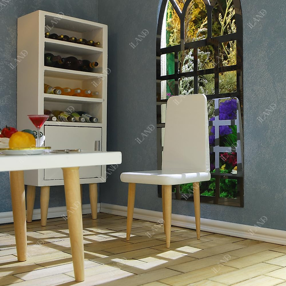 iLAND Dollhouse Furniture on 1/12 Scale of Dining-Room, Wooden Doll House Furniture Miniature of Table Chair & Cabinet (Modern Miniature Furniture 8pcs)