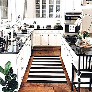 KOZYFLY Black and White Striped Rug 3'x5' Indoor Outdoor Rugs Hand Woven Cotton Washable Striped Layered Doormats for Front Door/Kitchen/Farmhouse/Entryway/Patio