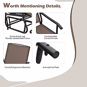 Tangkula 2 Person Swing Glider Chair, Patio Rocking Loveseat w/Center Tempered Glass Table, Outdoor Swing Bench w/Steel Frame & Breathable Mesh Fabric for Porch, Balcony, Poolside (Brown)