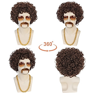 ANOGOL+Wig Cap+Mustache+Necklace+Glasses 5Pcs Afro Wig for Men Short Brown Curly Wig Disco Wigs 70'S Wig for Men 80'S Costumes for Men Disco Wig Jerry Curly Afro Wig Rocker Costume Wig Halloween Party
