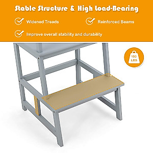 Costzon Kids Kitchen Step Stool with Safety Rail, Toddler Kitchen Stool w/Solid Bamboo Construction, Child Stand Helper for Kitchen Bathroom Living Room, Perfect for Toddler from 18-36 Months (Grey)