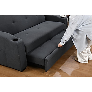 ZIGHTH 75'' Convertible Queen Size Sleeper Sofa Bed with Cup Holders, Modern Linen Loveseat Sofa Couch with Pull Out Bed and Adjustable Backrest for Living Room, Apartment, Bedroom. Dark Blue