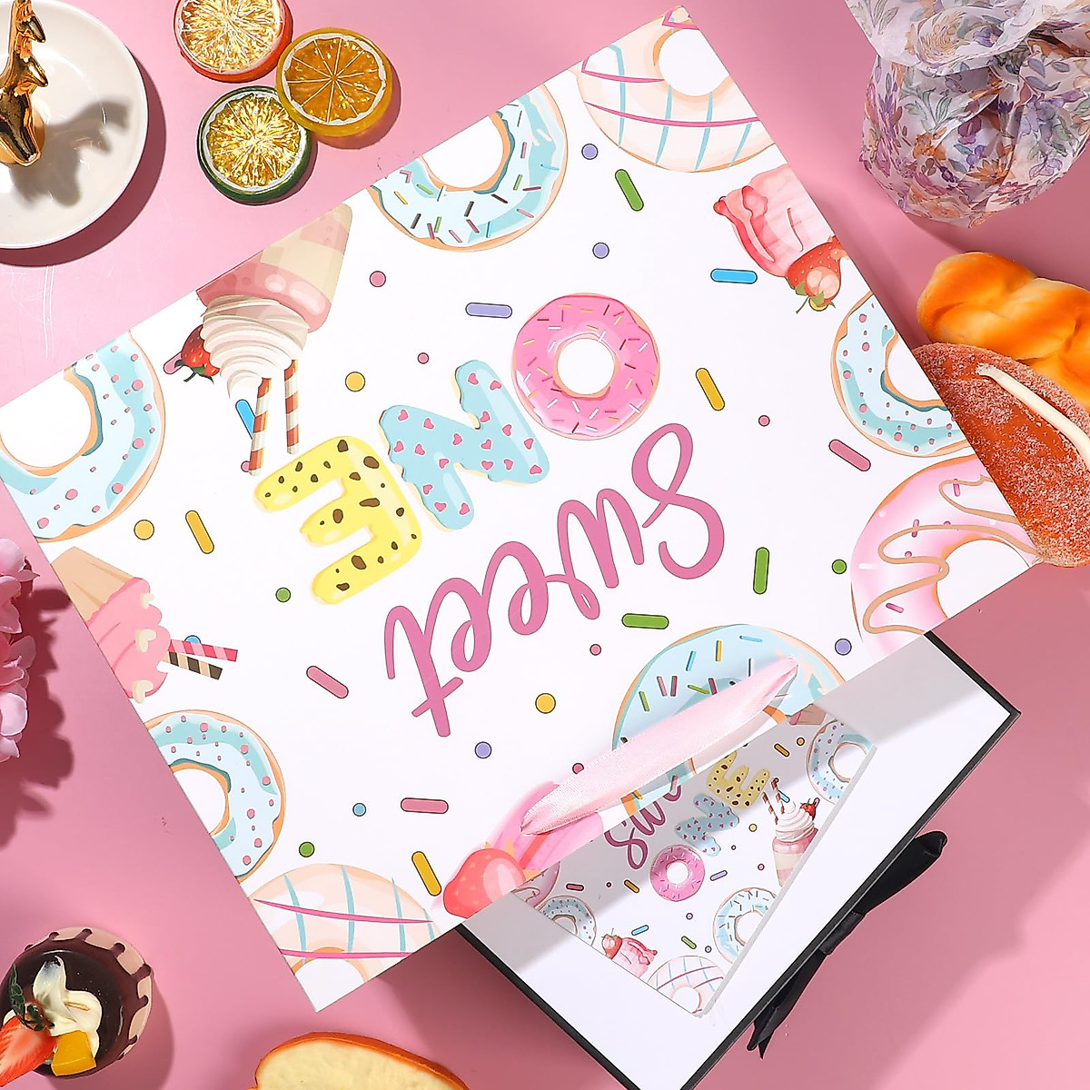 Wayyogh Sweet One Gift Bag 1st Birthday Wrap Bag for Girls First Birthday Wrapping Paper Bag with Greeting Card Tissue Paper for Donuts One Year Old Girl Ice Cream Candy Baby Shower Party Supplies