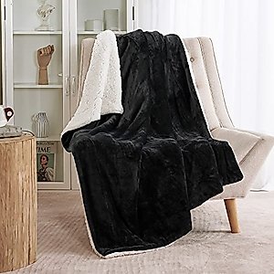 RYB HOME Black Blankets Sherpa 50" x 60", Super Soft Plush & Warm Blanket Throws for Camping Traveling Napping, Black, Throw Size