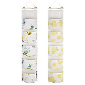 LASZOLA 2Pcs Over The Door Hanging Storage Bag, Waterproof Wall Closet Organizer Linen Fabric Stylish Mount Organizer with 5 Pockets for Bedroom Bathroom Kitchen (Pineapple+Lemon)