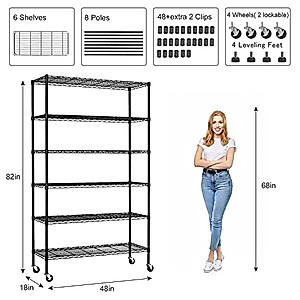YYkokocat 6-Tier Wire Shelving Unit 2100Lb Capacity Adjustable Storage Shelves Heavy Duty Storage Rack with Wheels NSF Metal Shelf for Closet Kitchen Garage Basement, 82" H x 48" L x 18" D- Black